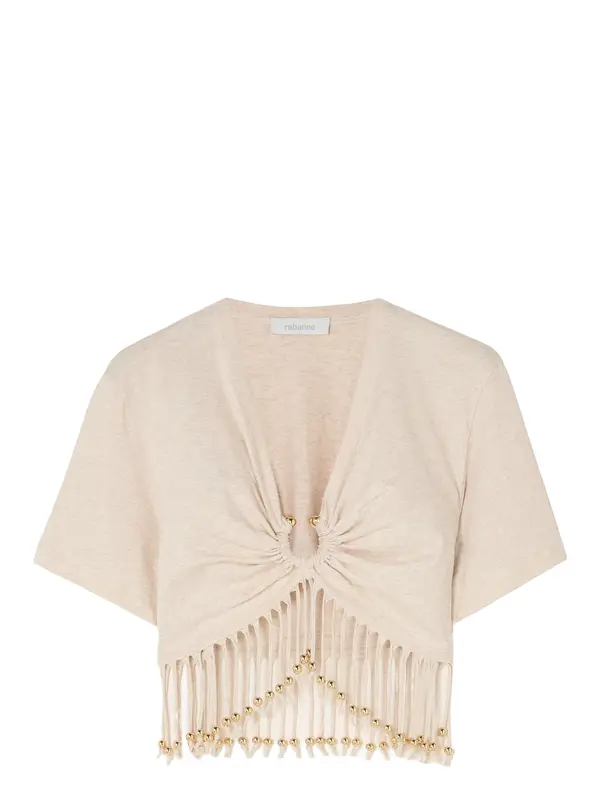 Rabanne Cropped Fringed Embellished T-shirt - Neutrals