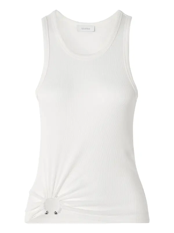 Rabanne Embellished Gathered Ribbed Tank - White