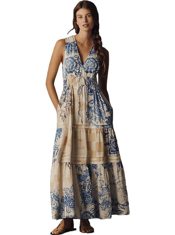 THE SOMERSET COLLECTION BY ANTHROPOLOGIE The Somerset Collection Linen Sleeveless Maxi Dress - Blue Gold Floral