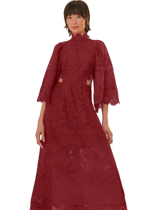 Farm Rio Guipure Cut-out Midi Dress - Burgundy