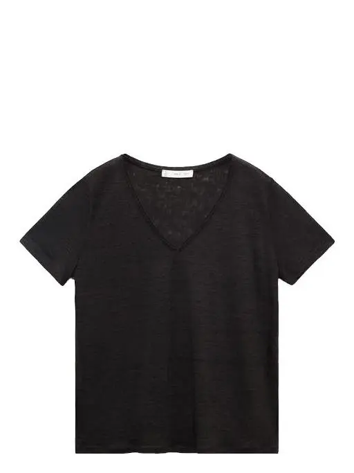 Mango V-neck Linen T-shirt - Black