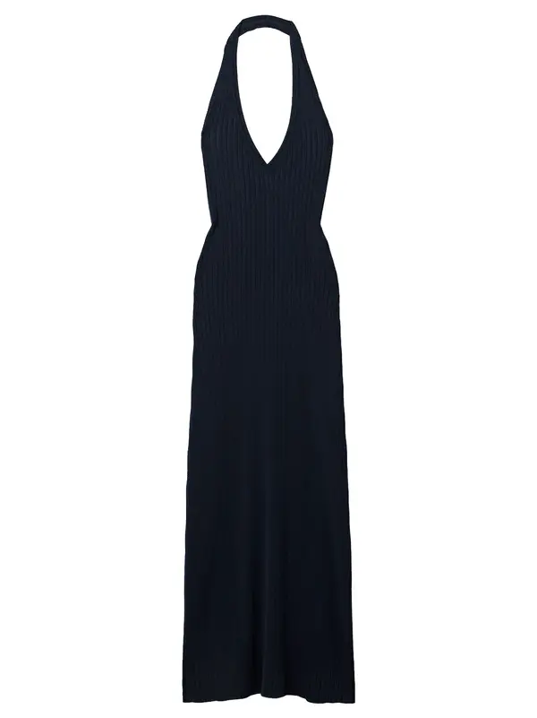 NILI LOTAN Ivenka Ribbed Cotton Halterneck Maxi Dress - Blue