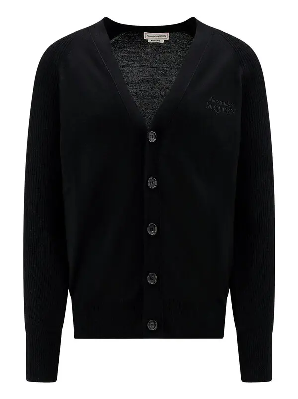Alexander McQueen Wool Cardigan With Logo Embroidery - Black