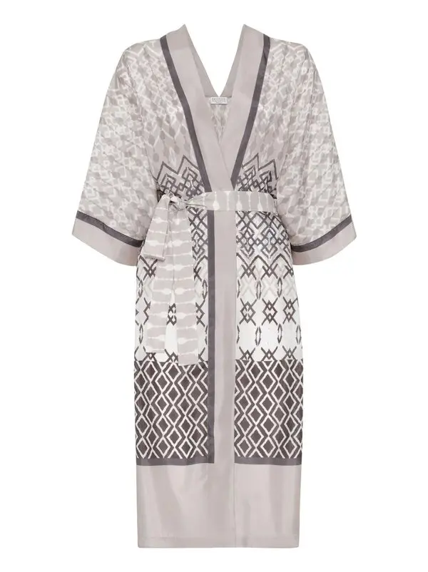 Brunello Cucinelli Geometric Print Silk Robe - Neutrals