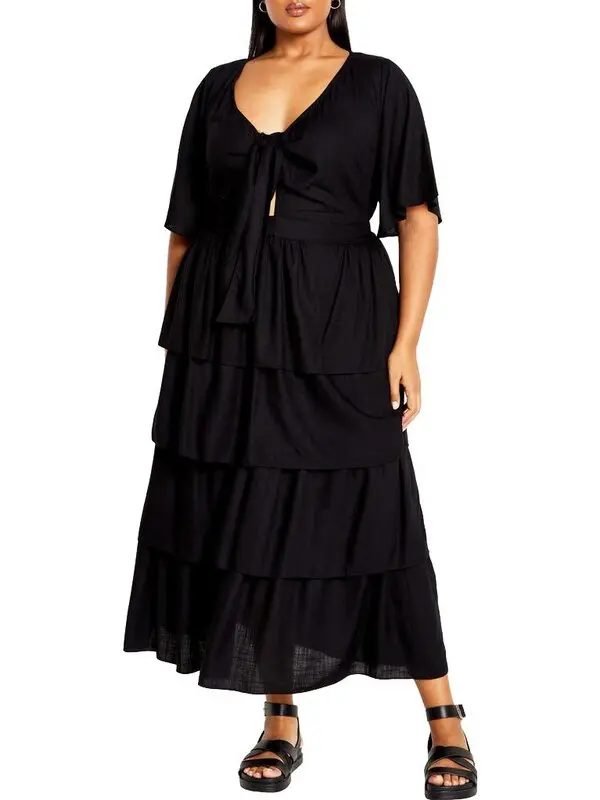 City Chic Ana Tie Front Tiered Midi Dress - Black