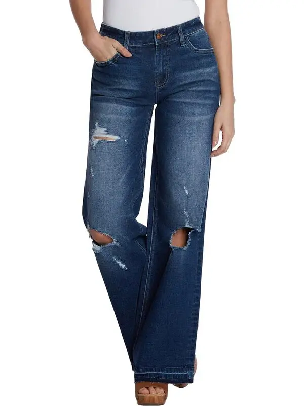 HINT OF BLU Deconstructed Wide Leg Jeans - Ripped Blue