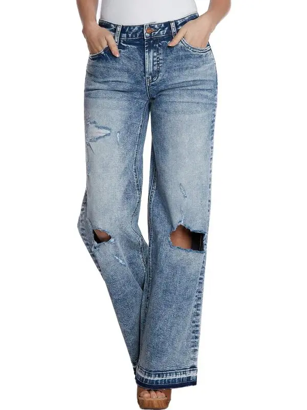 HINT OF BLU Deconstructed Wide Leg Jeans - Torn Blue