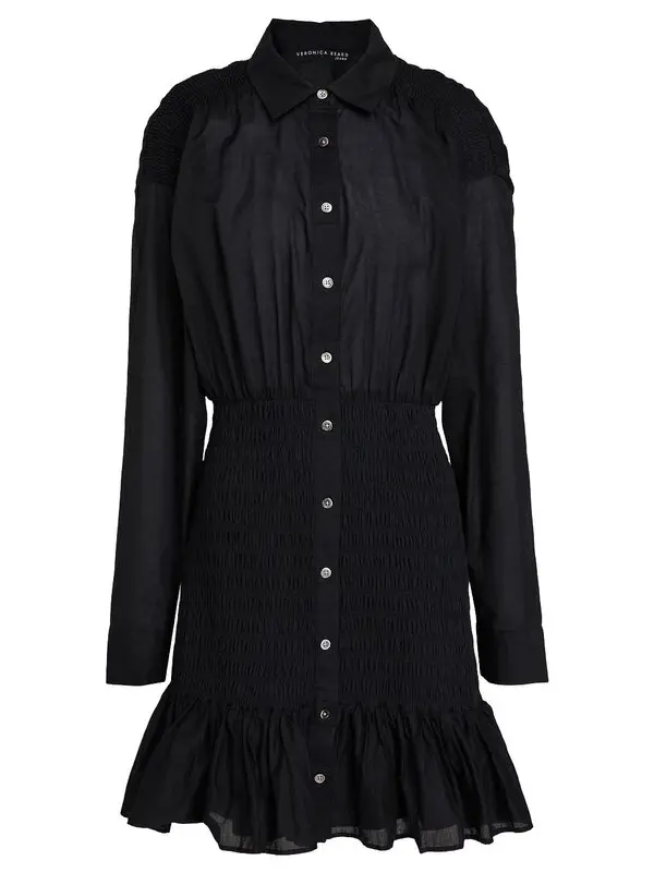 Veronica Beard Shirred Cotton Mini Shirt Dress - Black