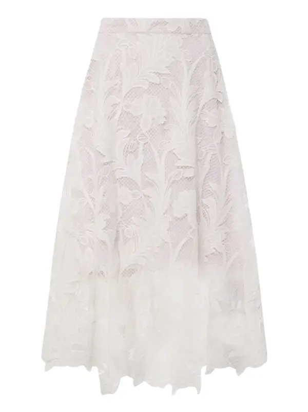 Oscar De La Renta Floral Guipure Lace Midi Skirt - White