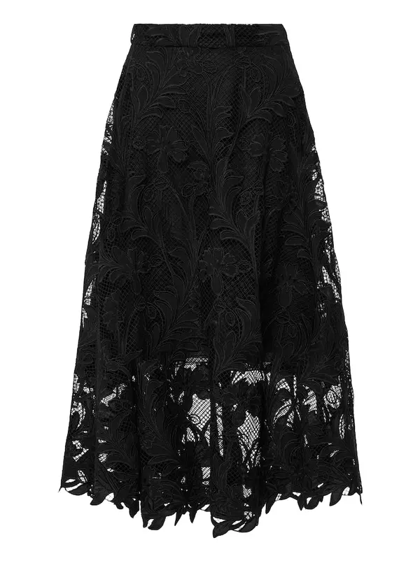 Oscar De La Renta Floral Guipure Lace Midi Skirt - Black