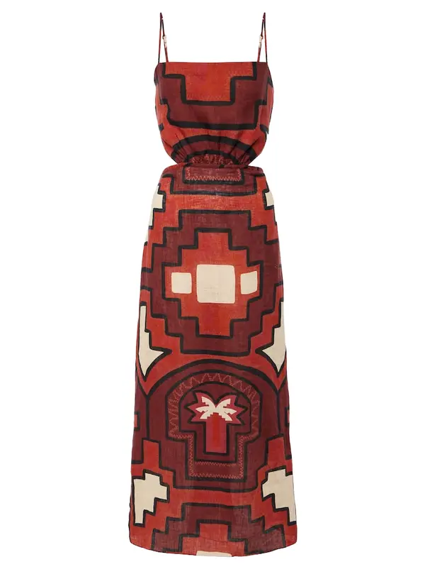 Johanna Ortiz Printed Cutout Linen Midi Dress - Red