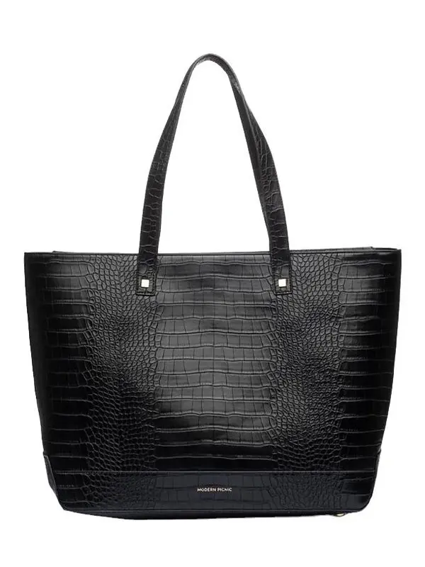 MODERN PICNIC Croc Embossed Faux Leather Tote - Black