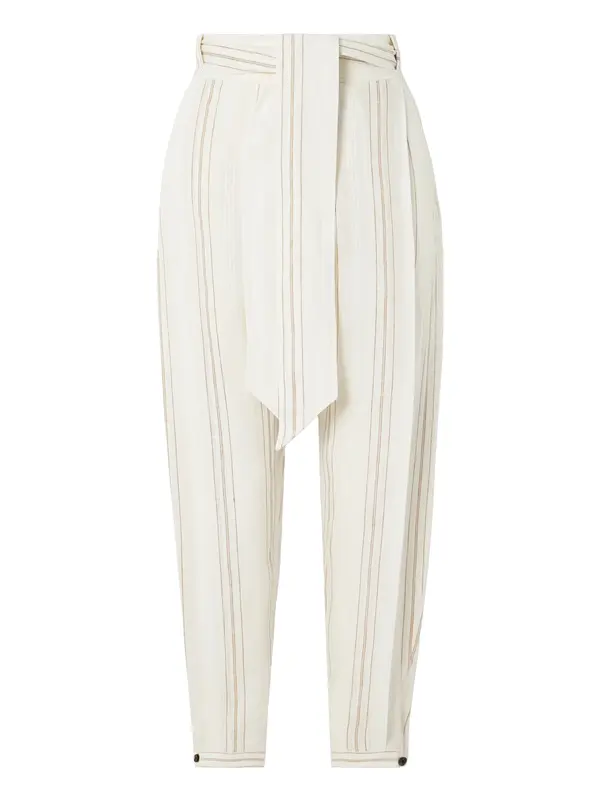 Loro Piana Gustel Belted Striped Linen Tapered Trousers - White