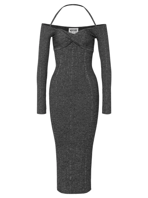 Moschino Off-shoulder Ribbed Midi Dress - Grey
