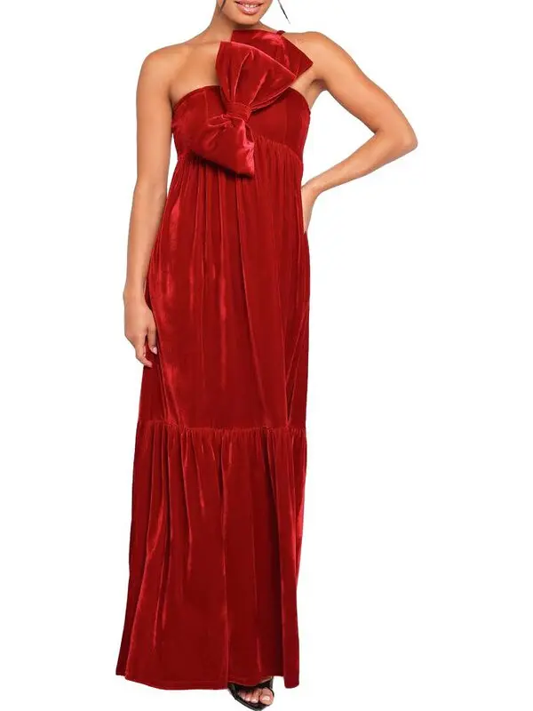 PETAL & PUP Betina Bow One-shoulder Gown - Red Velvet
