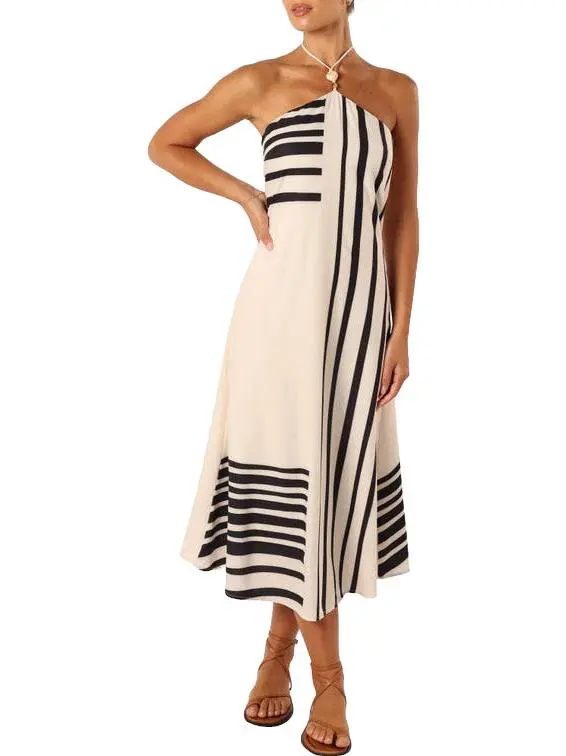 PETAL & PUP Deana Stripe Halter Dress - Cream Black
