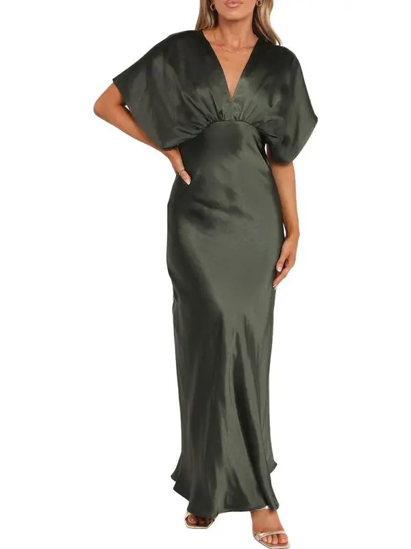 PETAL & PUP Ricki Satin Gown - Olive Green