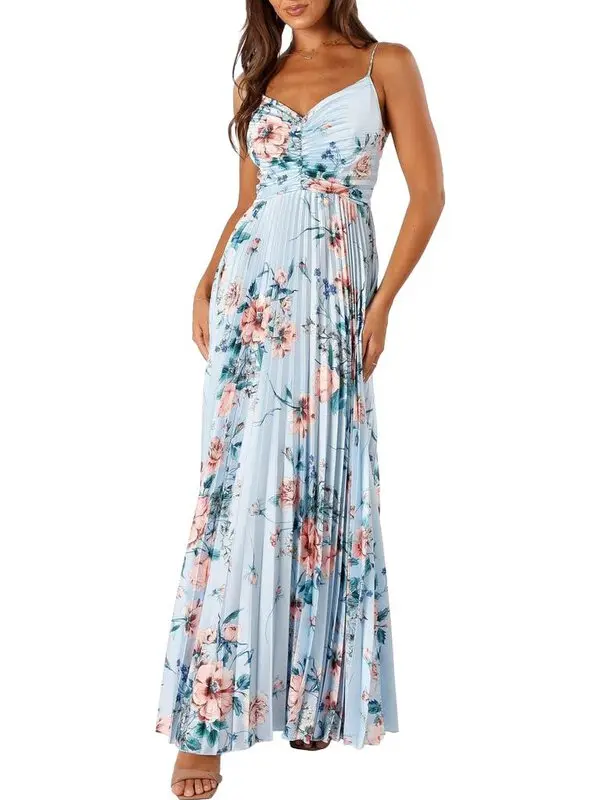 PETAL & PUP Naira Floral Pleated Maxi Dress - Blue Floral