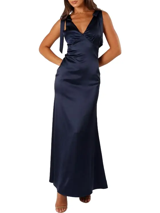PETAL & PUP Xavier Bow Strap Satin Gown - Navy