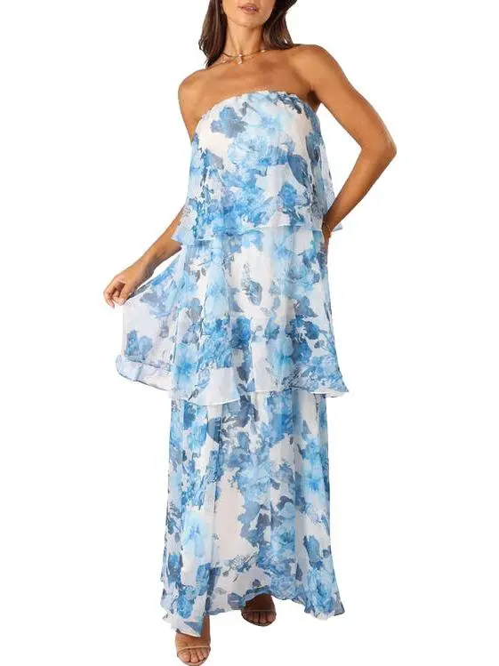 PETAL & PUP Bloom Tiered Strapless Dress - Blue White Floral