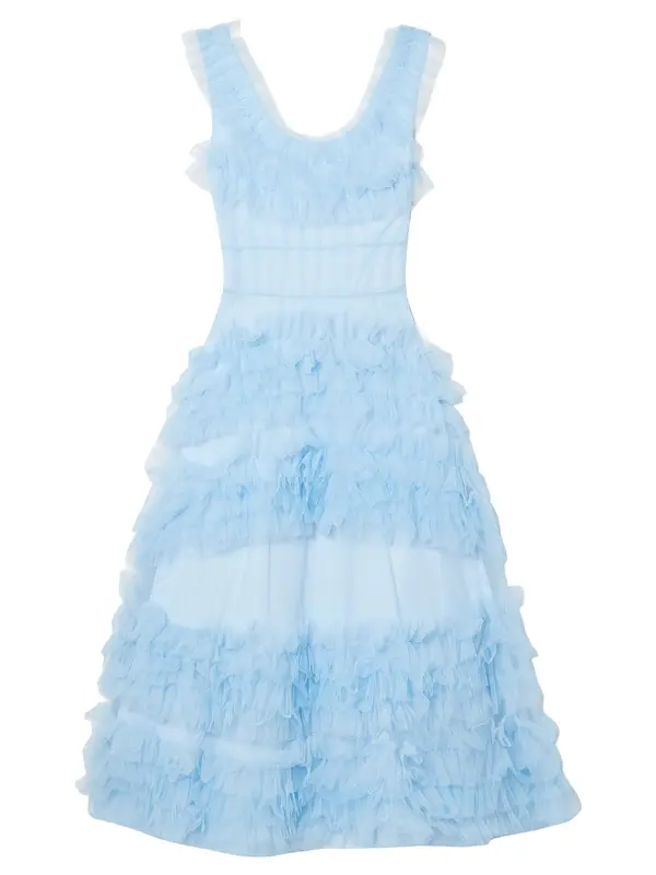 MOLLY GODDARD Mertyl Tiered Ruffled Tulle Midi Dress - Blue