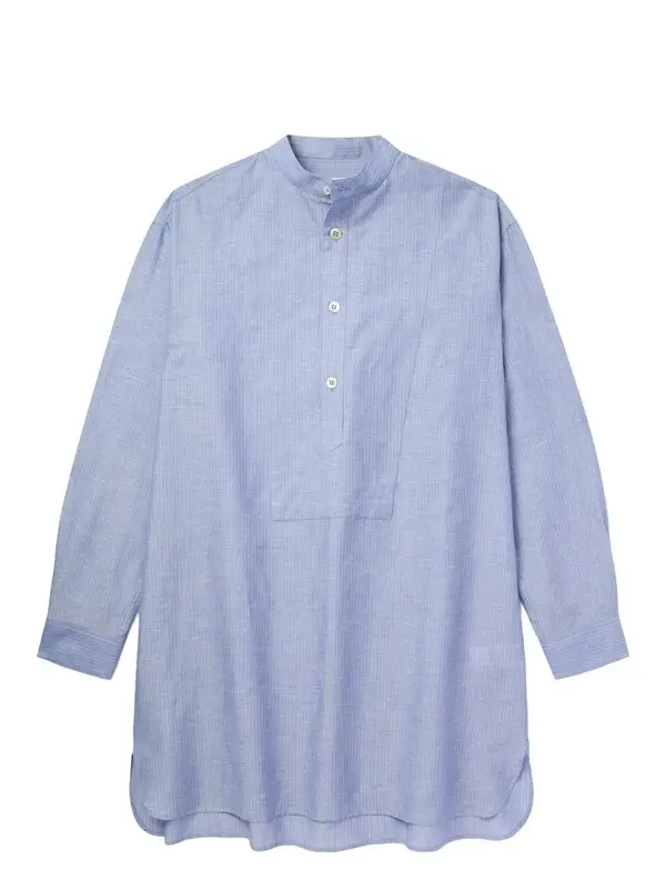 Loro Piana Suwako Grandad-collar Striped Linen And Cotton-blend Shirt - Blue