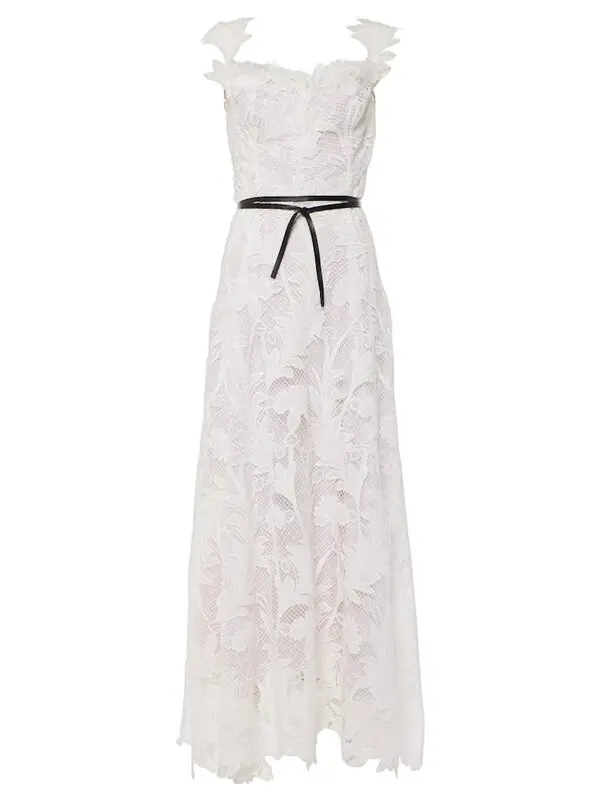 Oscar De La Renta Marbled Carnation Guipure Lace Bustier Gown - White