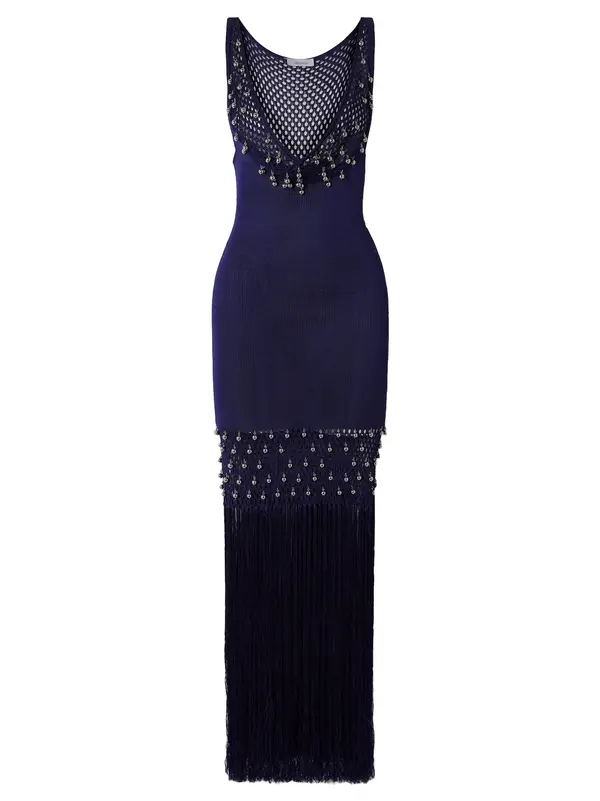 Rabanne Fringed Embellished Crocheted Cotton Maxi Dress - Blue