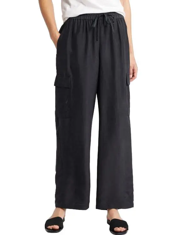 Eileen Fisher Cargo Silk Straight Leg Drawstring Pants - Black