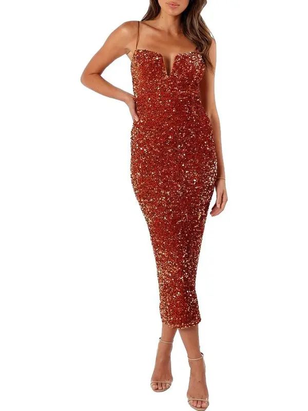 PETAL & PUP Kailee Sequin Midi Dress - Gold