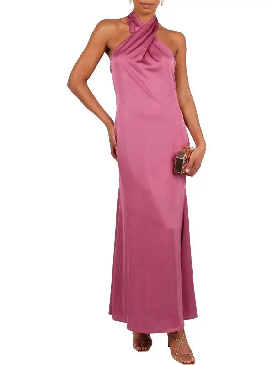 PETAL & PUP Satin Halter Gown - Dark Rose