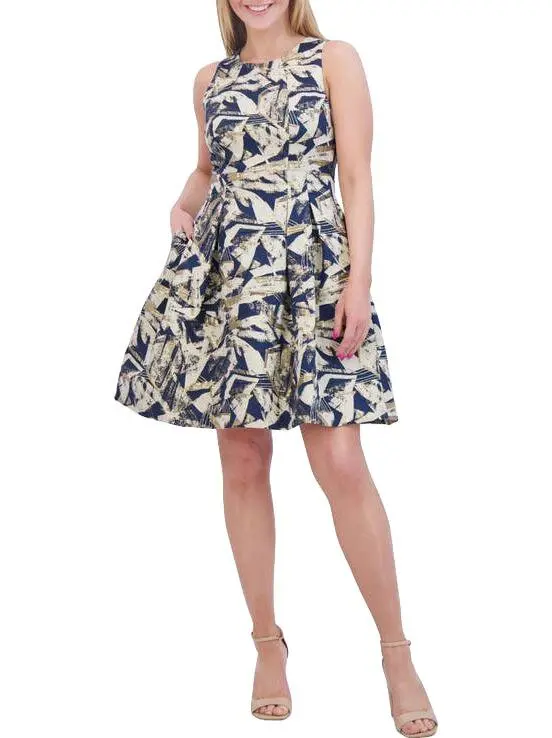 Vince Camuto Metallic Abstract Print Jacquard Fit & Flare Dress - Navy