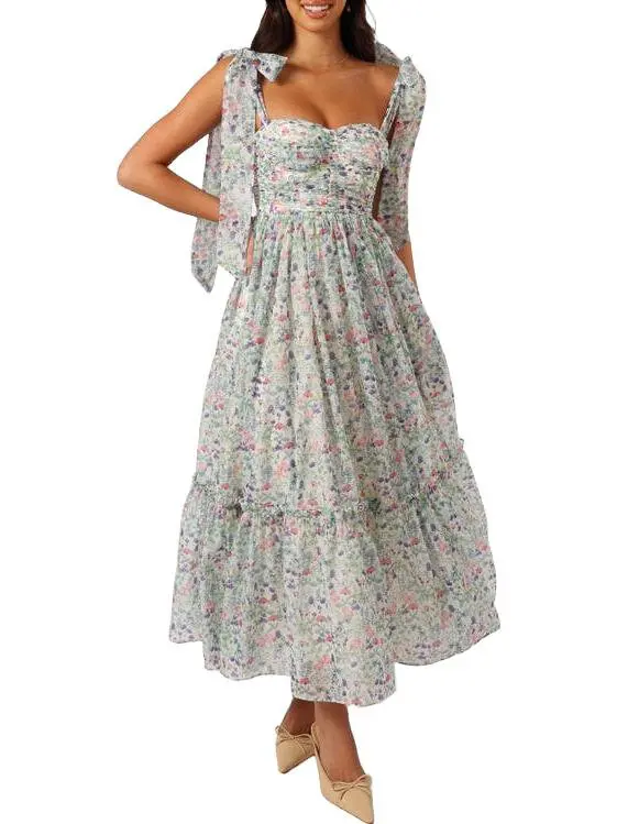 PETAL & PUP Floret Bow Strap Maxi Dress - White Multi