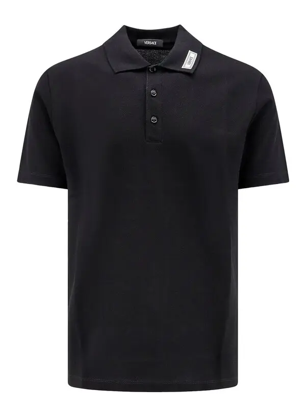 Versace Cotton Shirt Polo With Logoed Label - Black