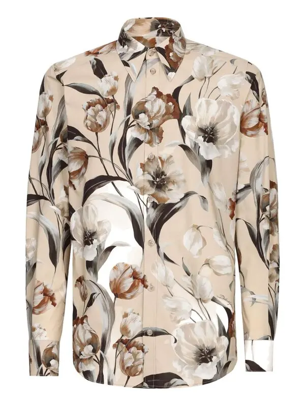 Dolce & Gabbana Floral-print Poplin Shirt - Neutrals