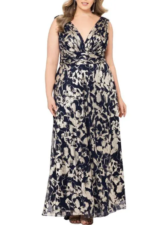 Betsy & Adam Foil Print Sleeveless Gown - Navy/ Gold