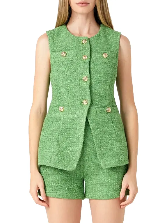 Endless Rose Longline Tweed Vest - Green