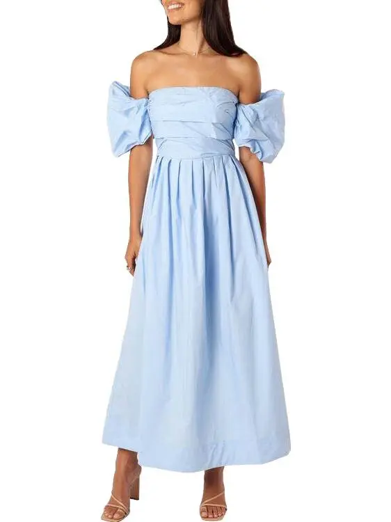 PETAL & PUP Solana Off-the-shoulder Cotton Maxi Dress - Blue