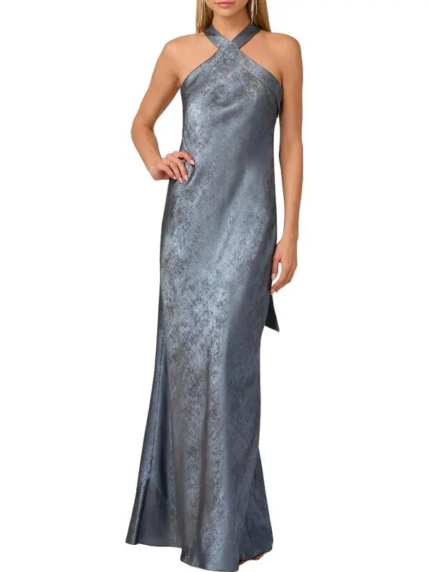 Adrianna Papell Foiled Trumpet Gown - French Blue