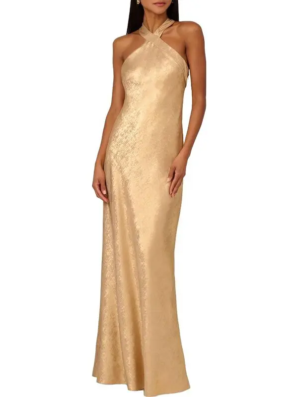 Adrianna Papell Foiled Trumpet Gown - Light Gold