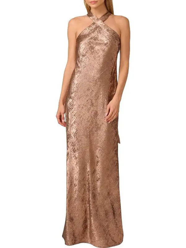 Adrianna Papell Foiled Trumpet Gown - Mocha