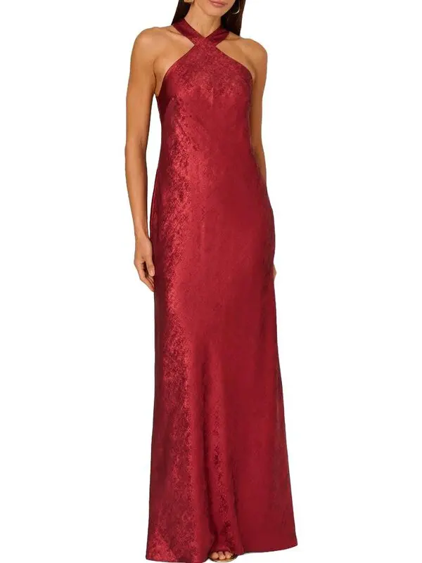 Adrianna Papell Foiled Trumpet Gown - Wine