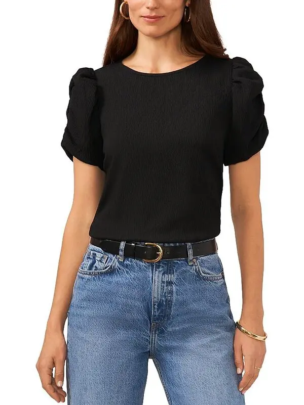Vince Camuto Crewneck Top With Gathered Sleeves - Rich Black