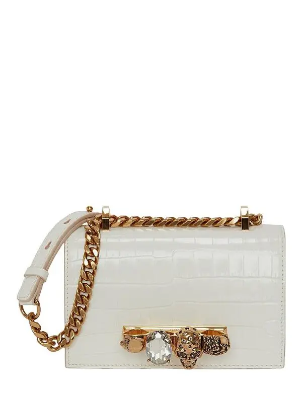 Alexander McQueen Mini Jewelled Croc Embossed Leather Shoulder Bag - Ivory/gold