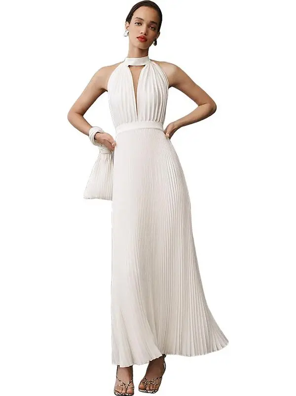 L'IDEE Chateau Halter Front-cutout Pleated Midi Dress - Ivory