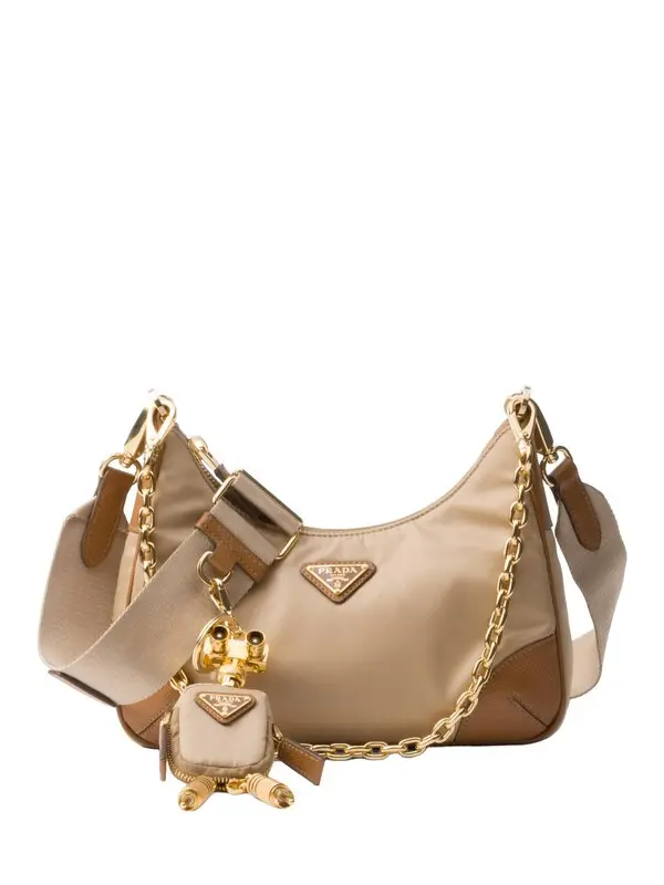 Prada Re-nylon And Saffiano Leather Bag With Charm - Brown