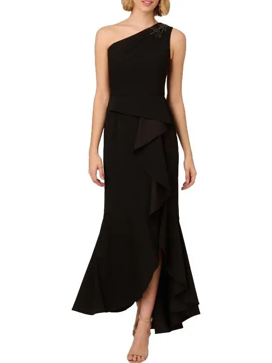 Adrianna Papell Beaded One-shoulder Crepe Gown - Black