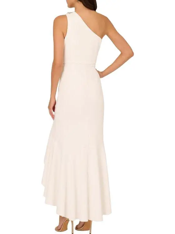 Adrianna Papell Beaded One-shoulder Crepe Gown - Ivory