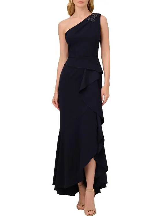 Adrianna Papell Beaded One-shoulder Crepe Gown - Midnight