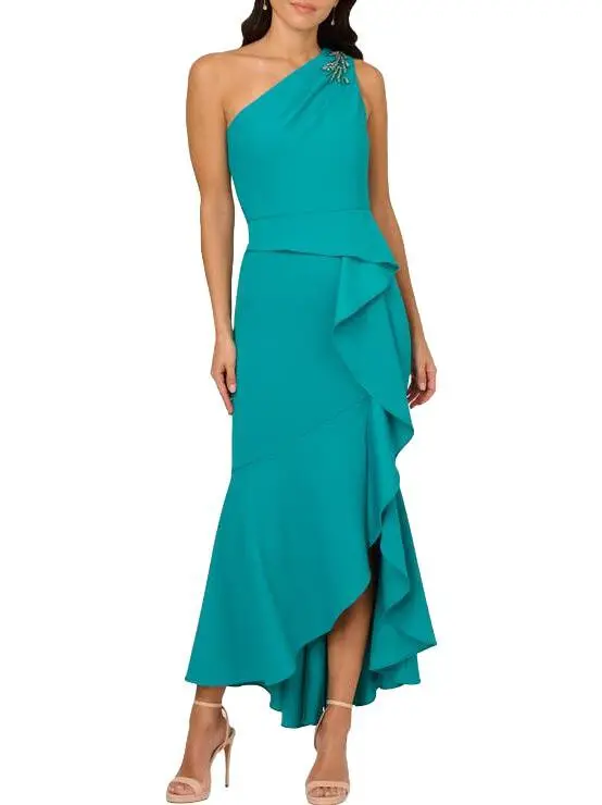 Adrianna Papell Beaded One-shoulder Crepe Gown - Teal Lagoon